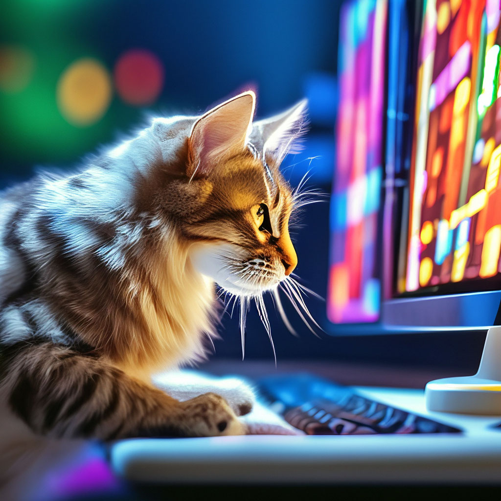 "Cat playing computer, side view, fur texture, beautiful, detailed ...