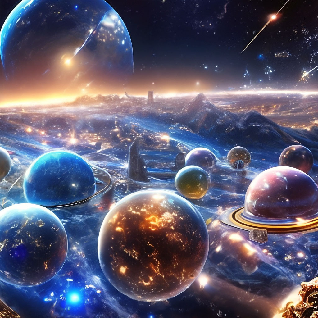 "A parade of fantastic planets, space, a large transparent crystal with ...