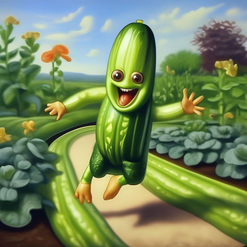 "A running cucumber, a cucumber runs through the garden on its two legs ...