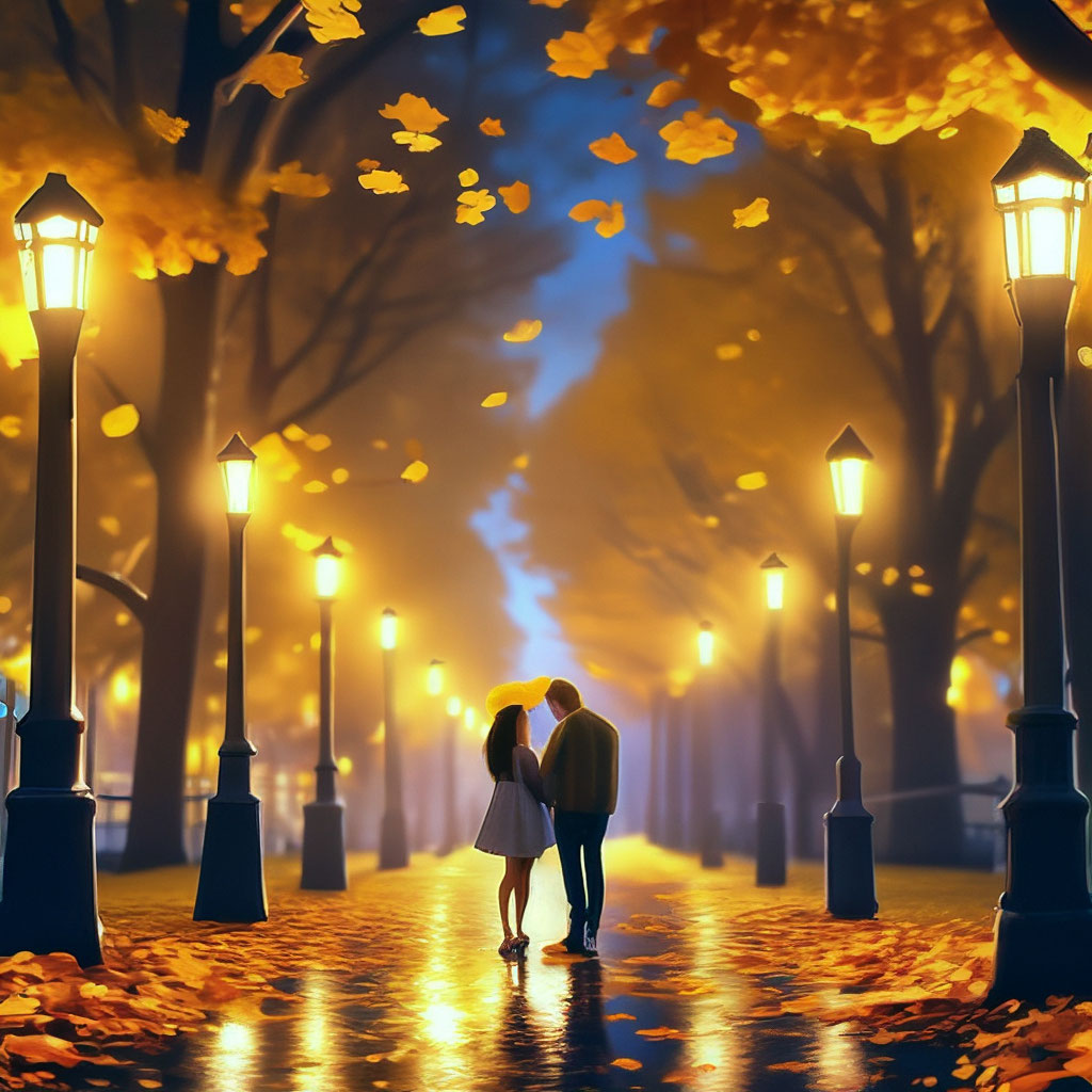 "Golden autumn beautifully realistic night street lights park leaf fall ...