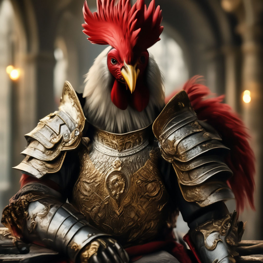 "A rooster in armor" — image created in Shedevrum