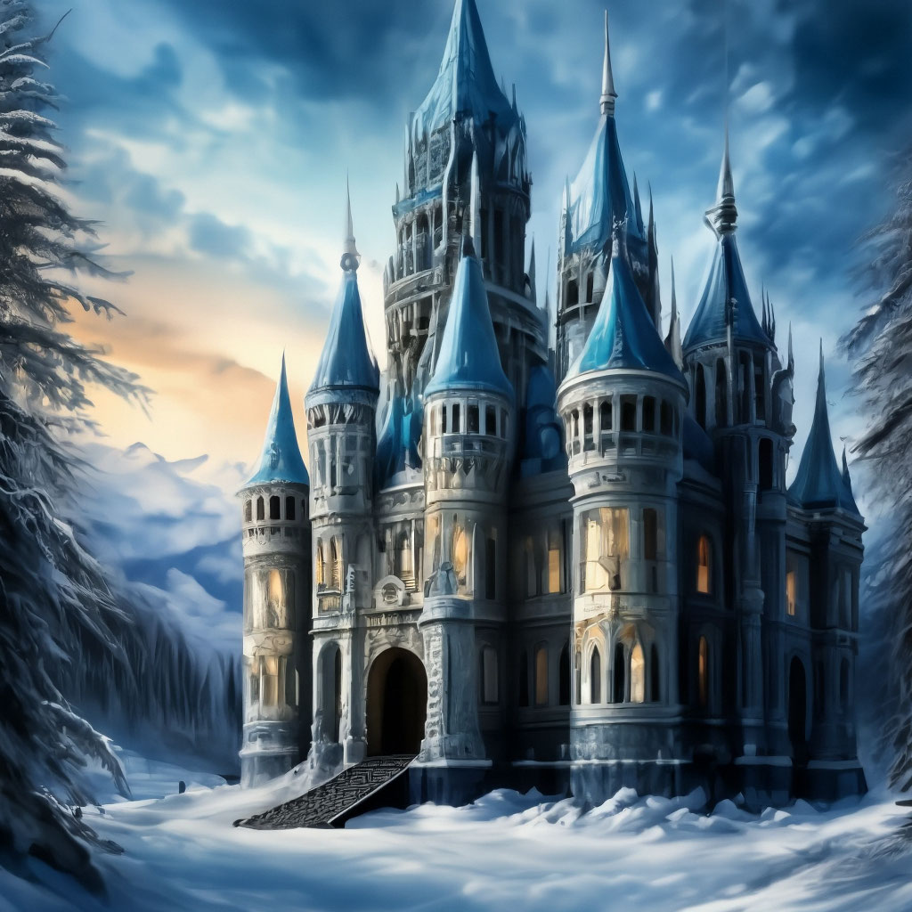 "Ice palace of the snow queen, high detail, realism, watercolor drawing ...