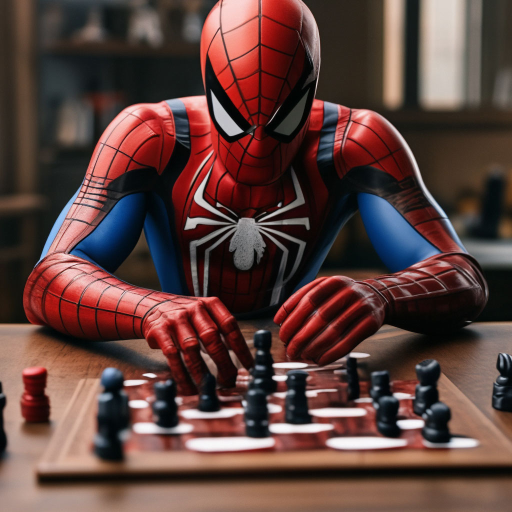 "Spider-man with Batman play checkers" — image created in Shedevrum