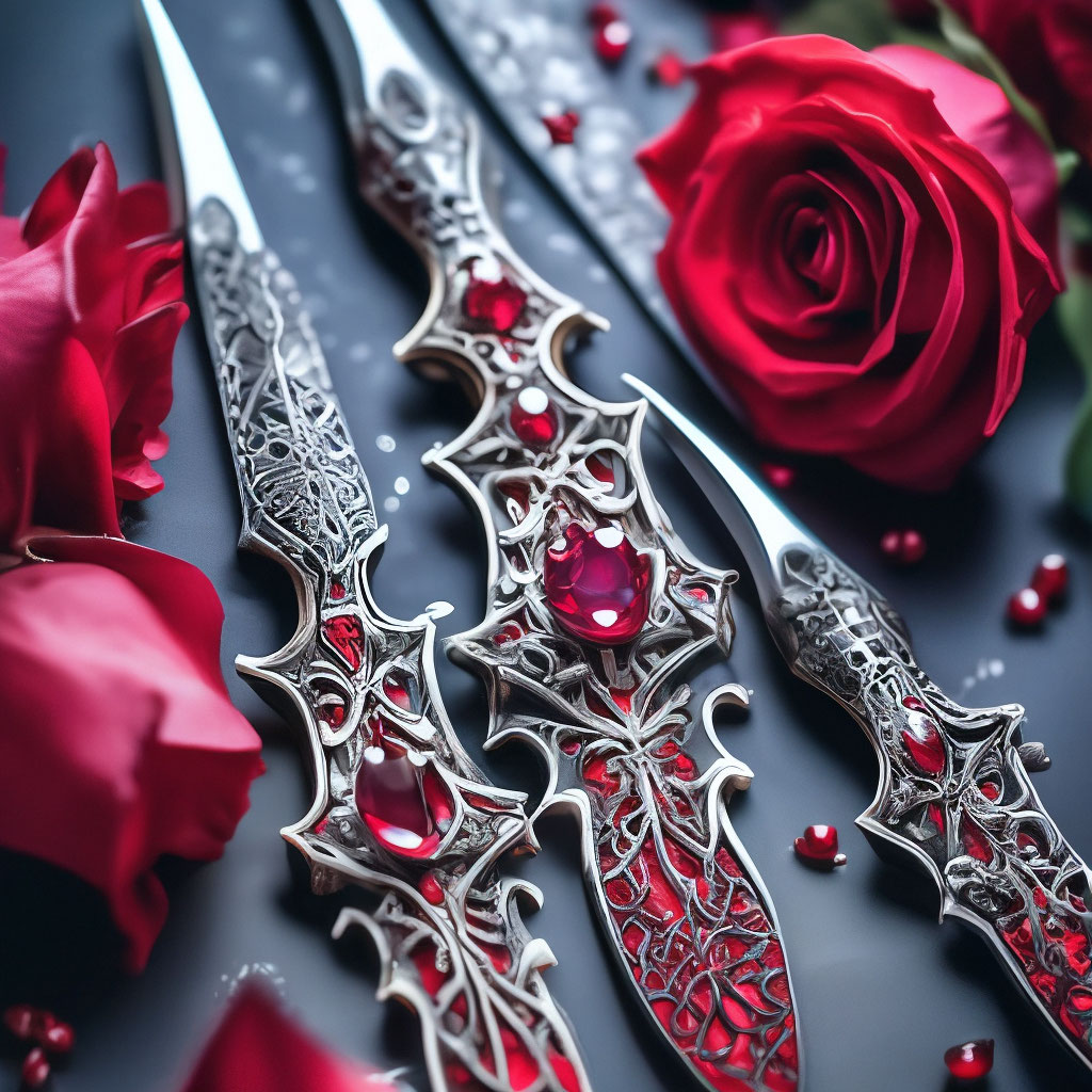 "🖤 Gothic knives with lace forged patterns and rubies, and scarlet ...