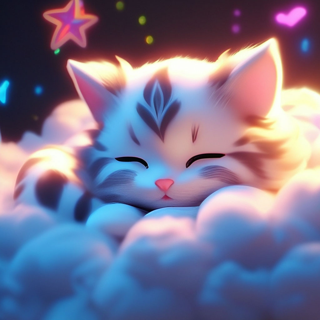 "Very cute and charming fluffy anime cat, sleeping on a fluffy cloud ...