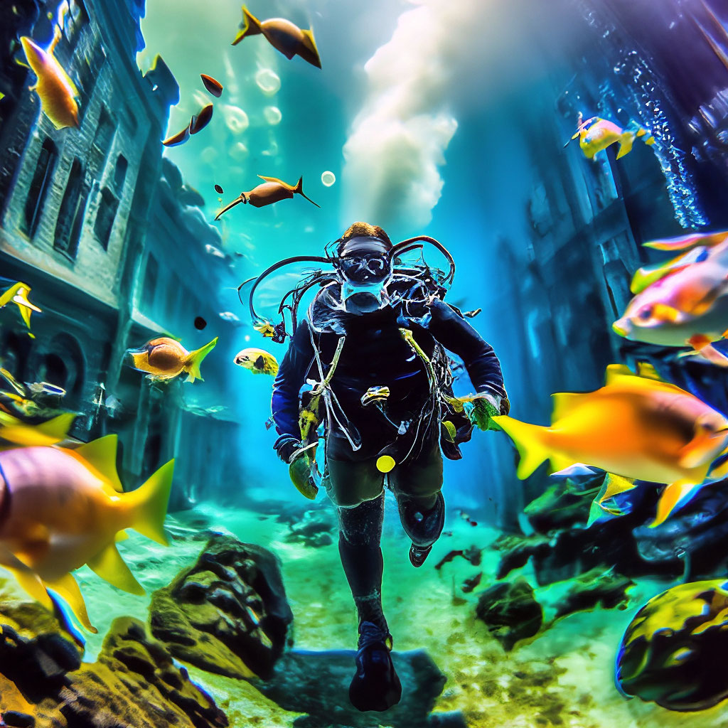 "A scuba diver walks underwater, against the backdrop of a flooded city ...
