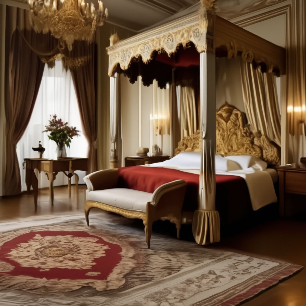 "A luxurious royal boudoir, a huge white four-poster bed, a dressing ...