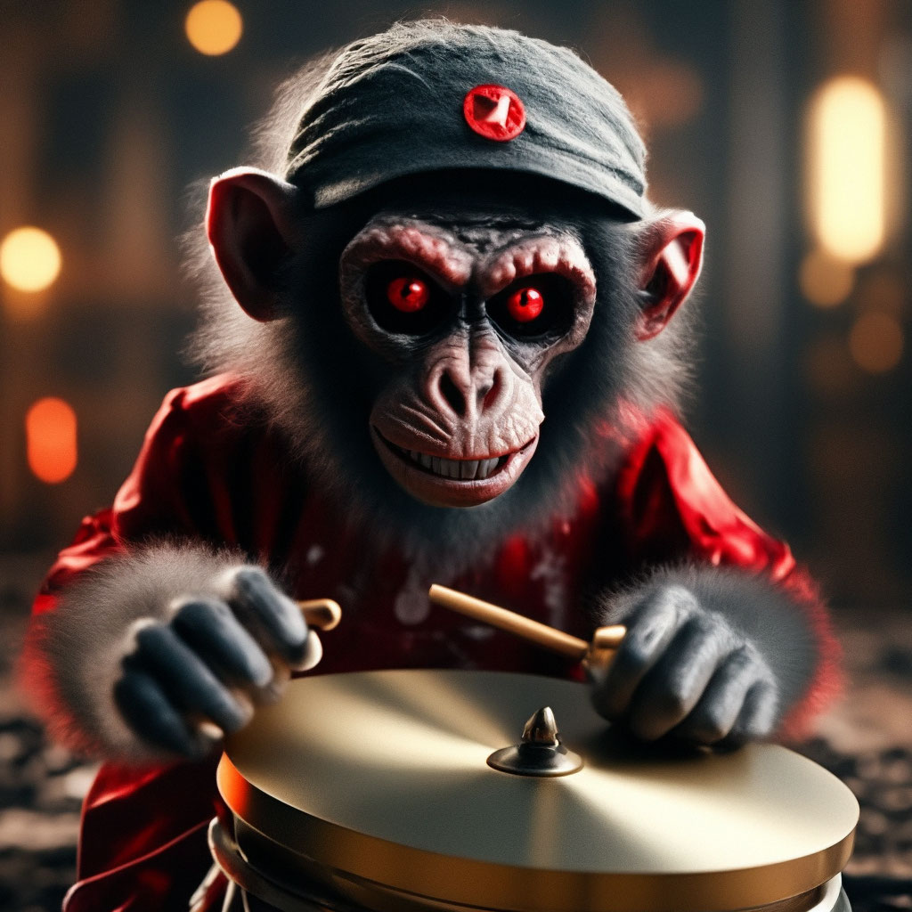 "Creep toy scary macaque with bulging red eyes knocks two discs hi-hat ...