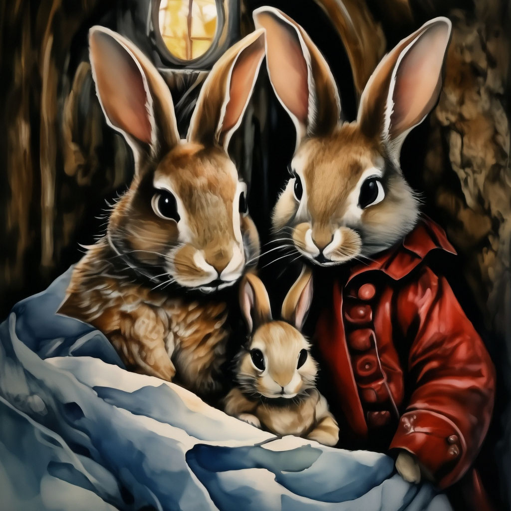"Watercolor,ink,bunny family going to bed,sweetness,tenderness,fairy ...