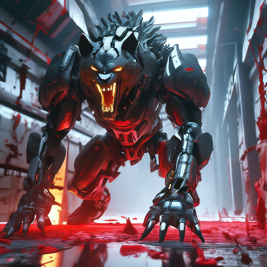"A huge anthropomorphic robotic wolf in black armor, mouth open, sharp ...