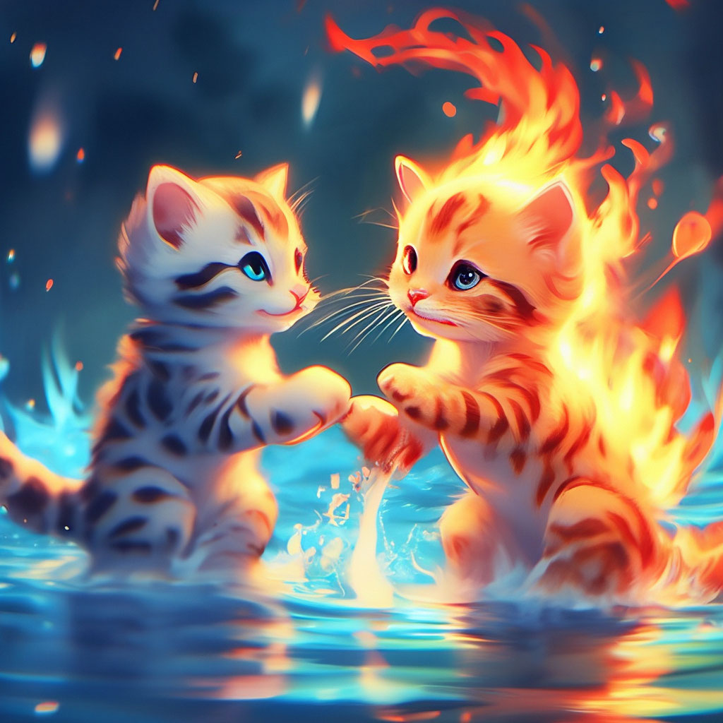 "Fire kitten playing with a water kitten" — image created in Shedevrum
