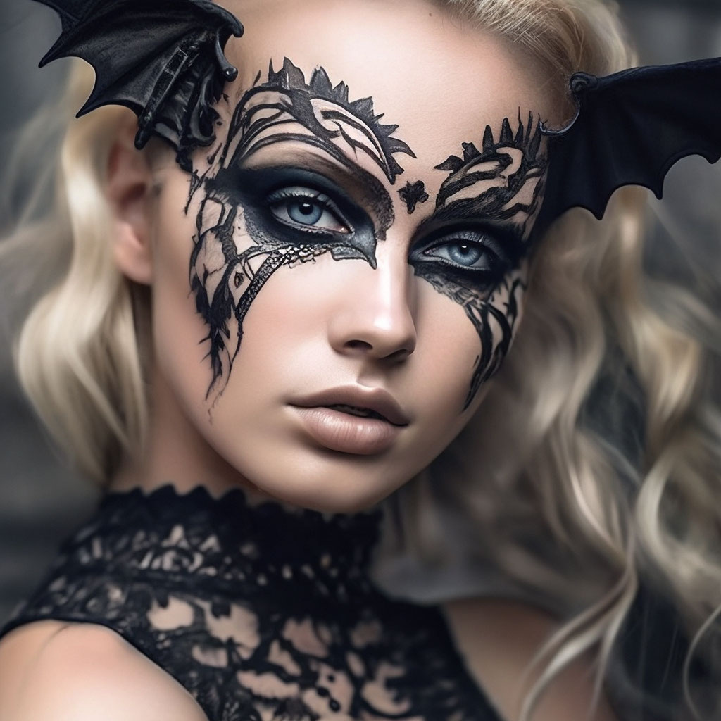 "A young woman top model face decor- make-up with a pattern -bat is ...