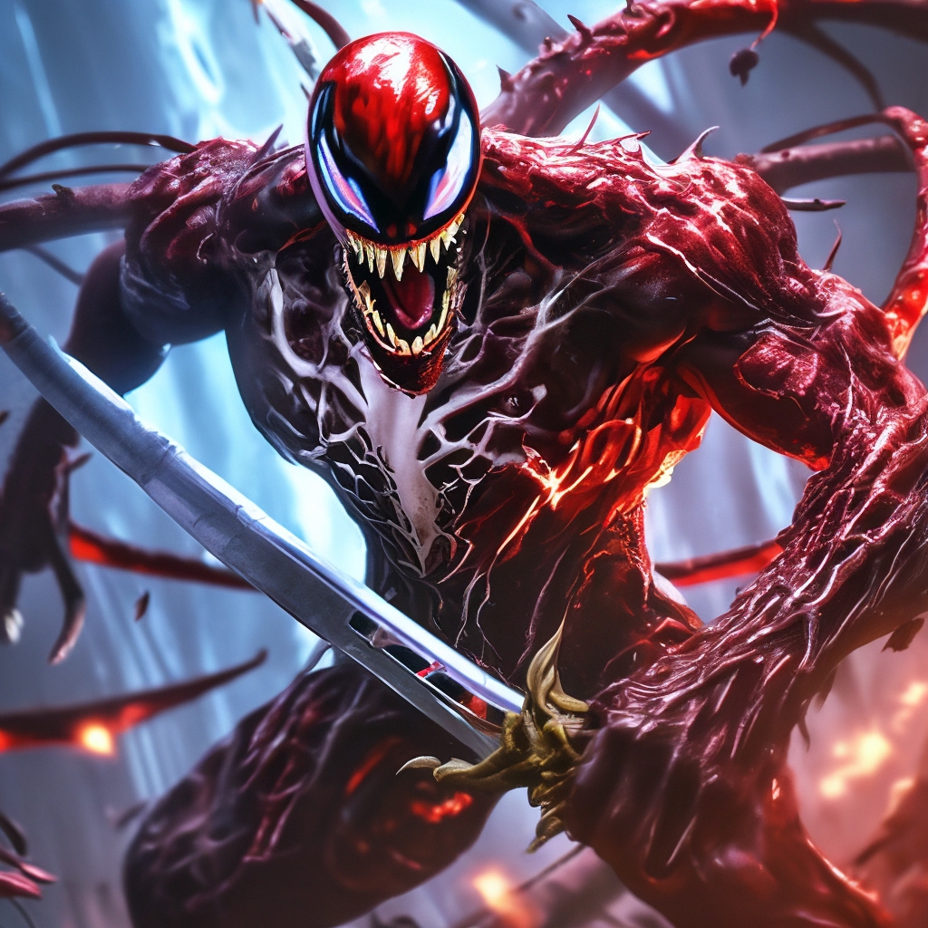 "Symbiote Carnage picks up a long sword necromech and cuts Venom, red ...