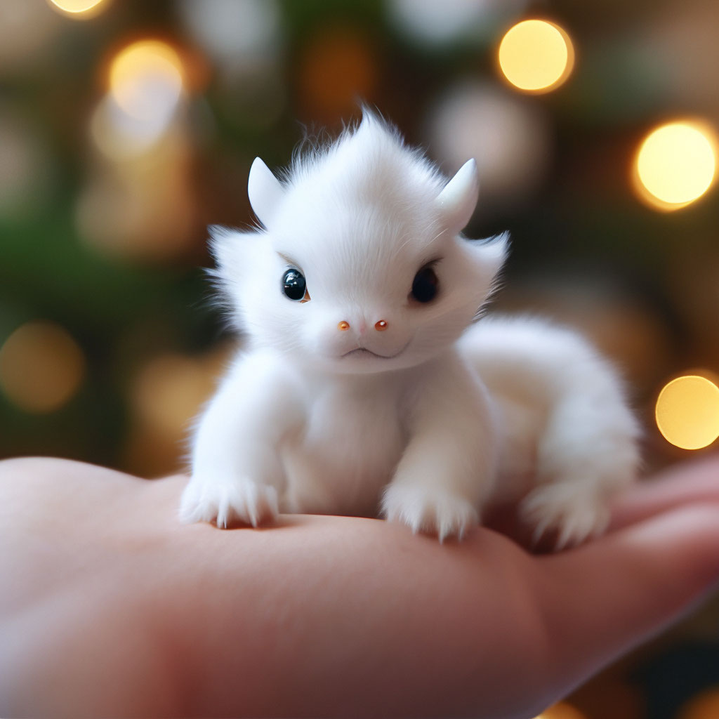 "A tiny white fluffy three-headed dragon in a hat, a small Christmas ...