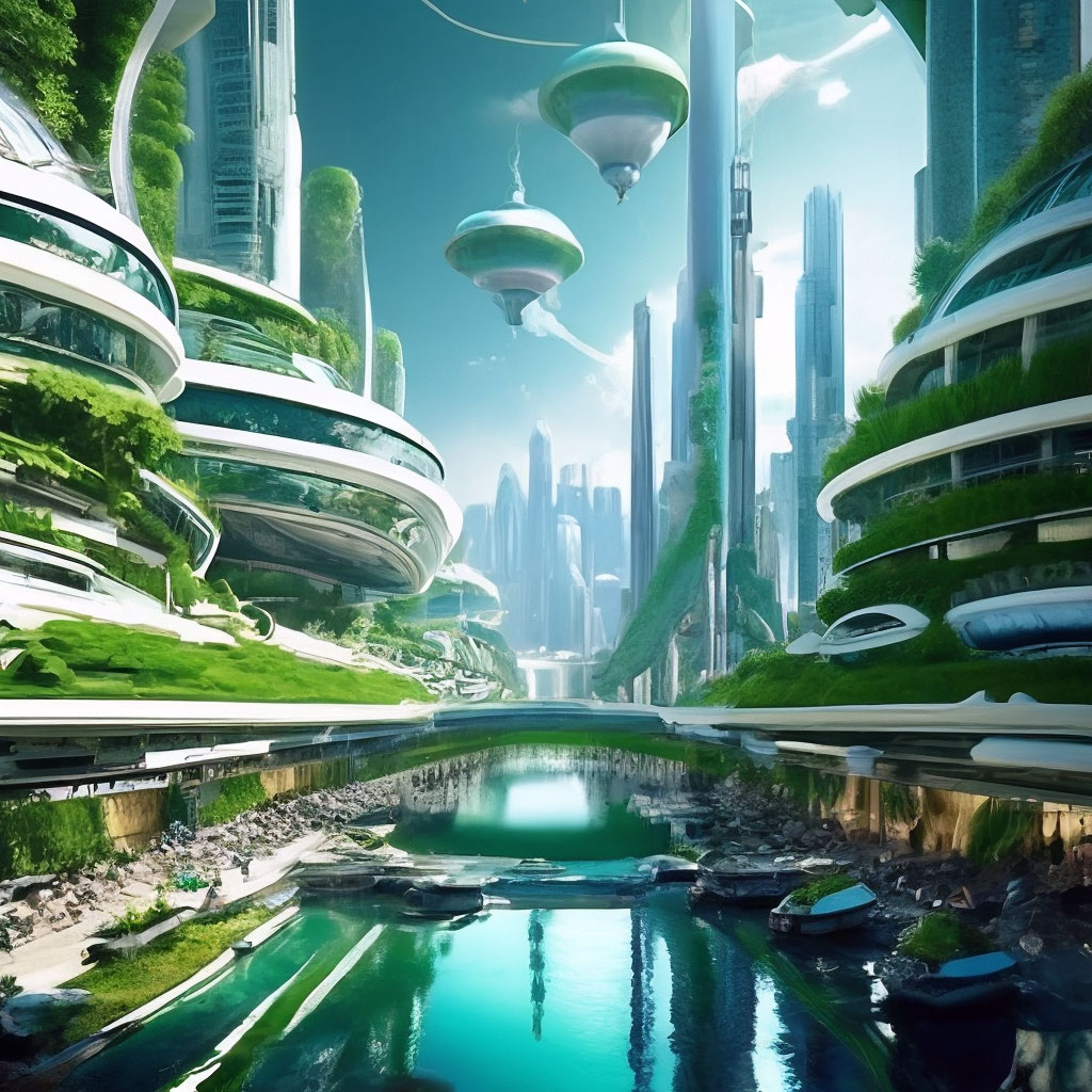 "The city of the future in a nautical style in outer space is green ...