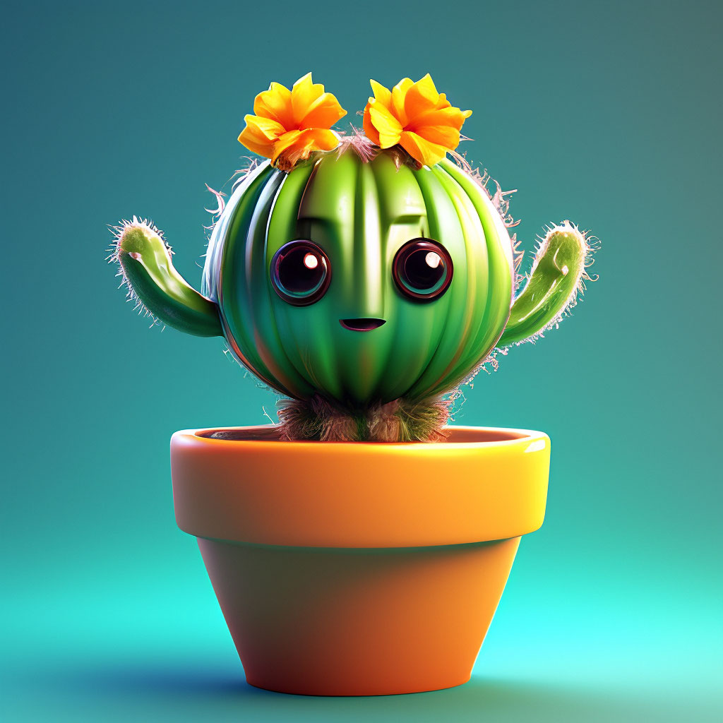 "Anthropomorphic cactus plant in a flower pot, bow, bulging eyes ...