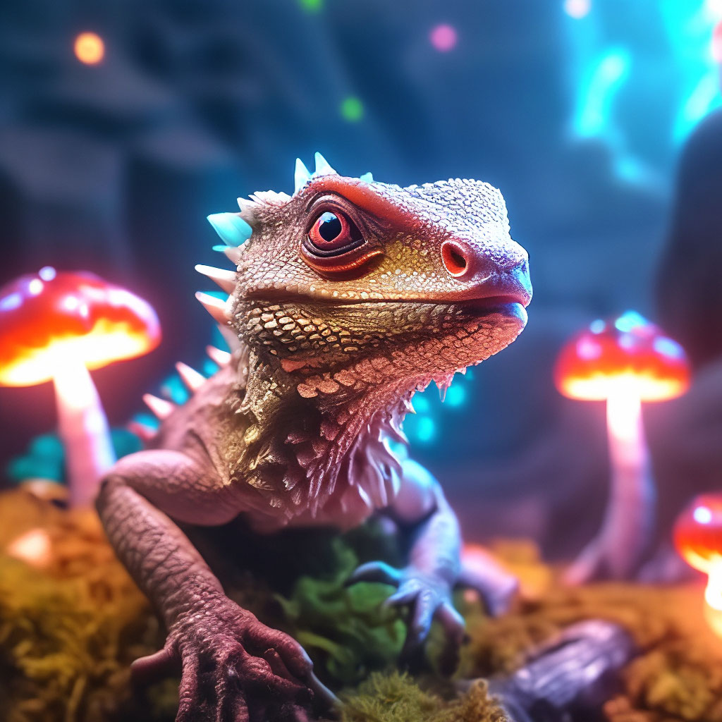 "Lizard in the magic mountains, glowing mushrooms grow on the lizard ...