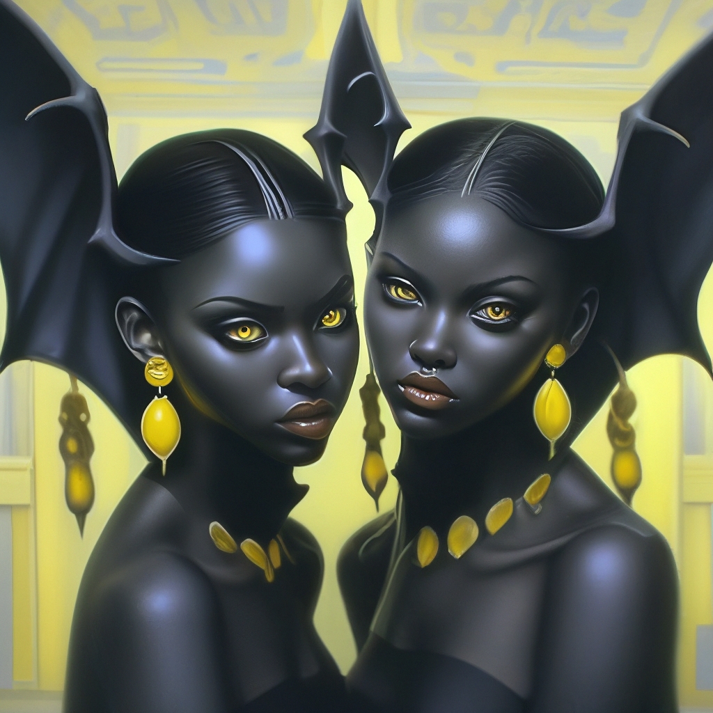 "Two bat girls, black skin,fangs,bat wings,yellow eyes,hyperrealism ...