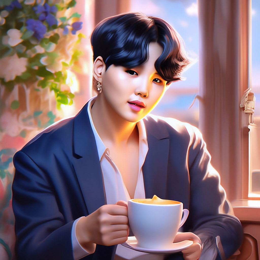 "Suga of BTS wishes you a good morning with a cup of coffee in hand ...