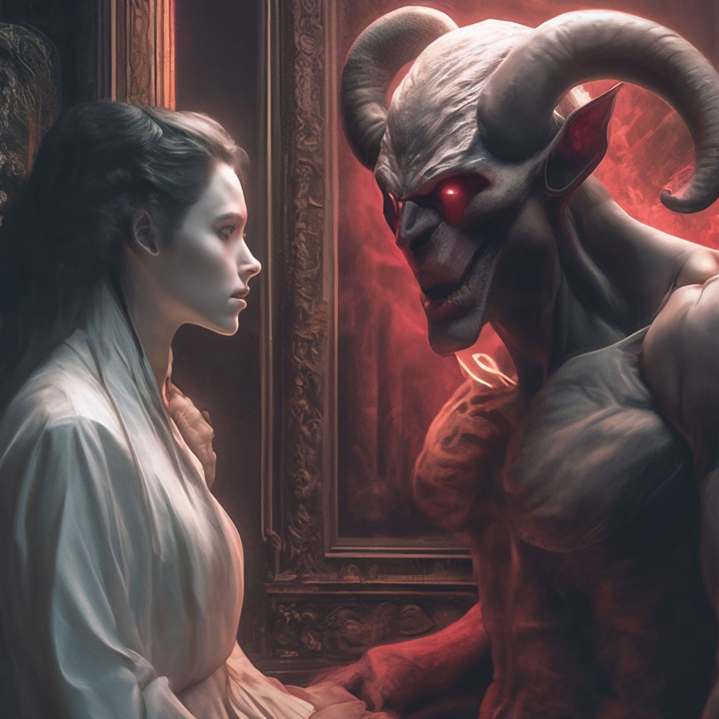 "The demon is looking into a person" — image created in Shedevrum
