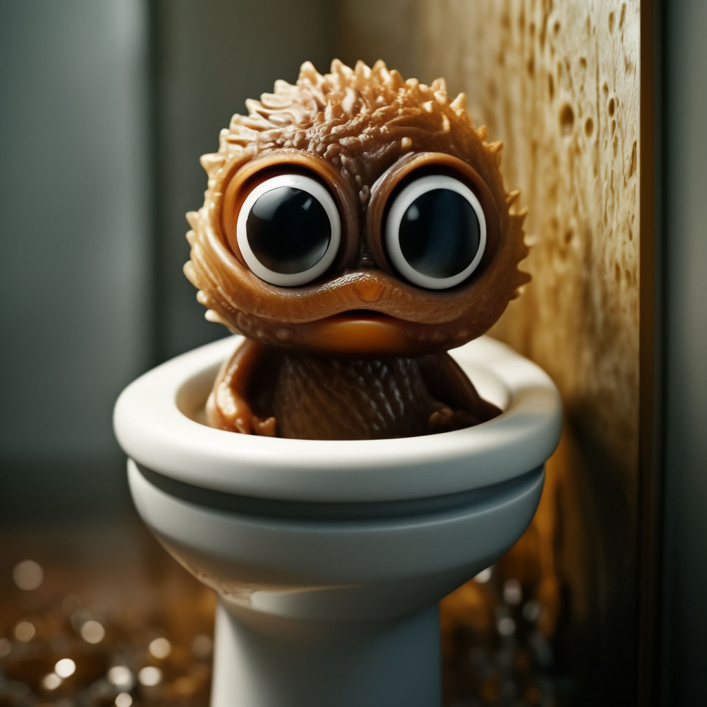 "Small+cute+brown+slimy creature hiding inside the toilet,pop-eyed,real ...