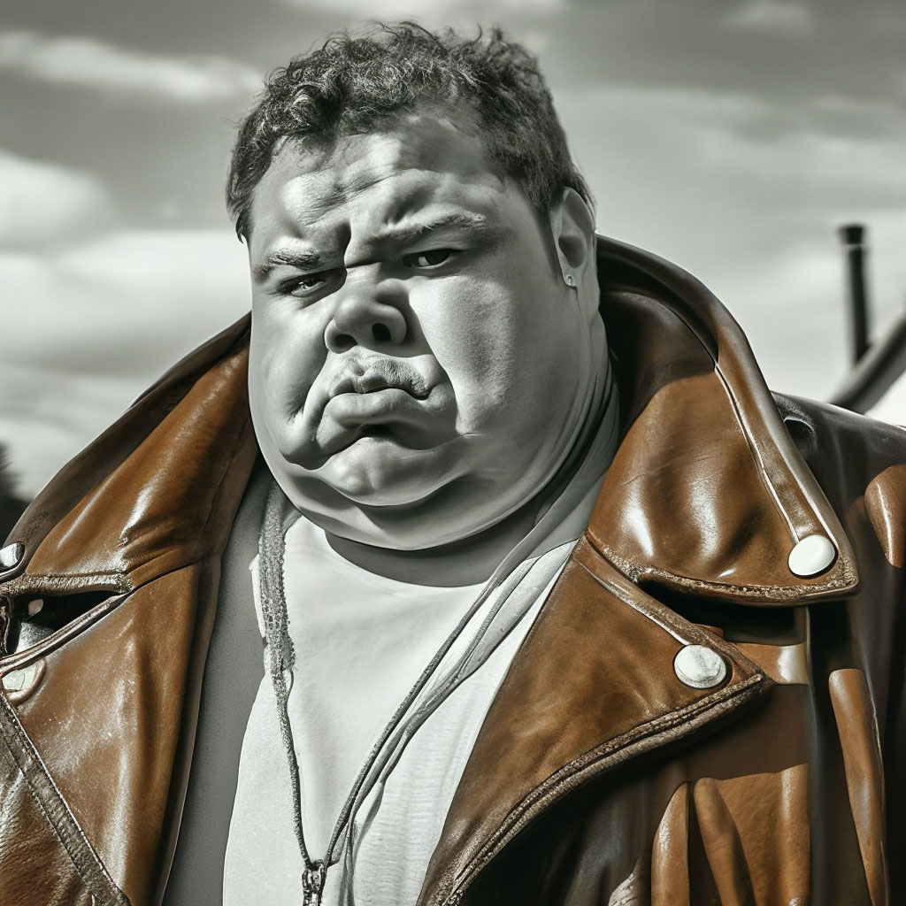 "Fat bandit of the nineties close-up, low forehead, authentic face ...