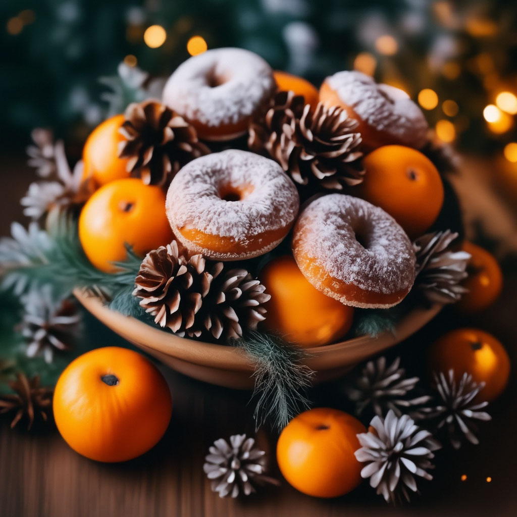 "🍩🌲 new Year's bouquet of donuts, spruce twigs, tangerines, cones ...