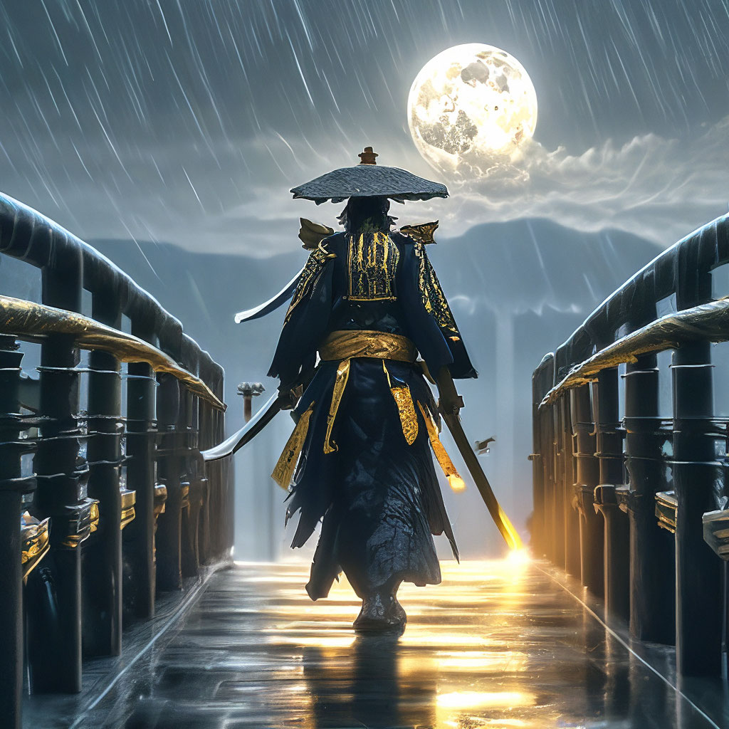 "Samurai in gold, in amigasa, with a scythe, walking to the moon on a ...