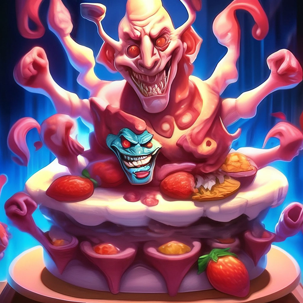 "Evil revived cake- food D.Yavola,cartoon art, in the style of D.isney ...