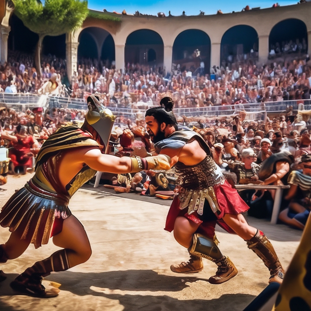 "Realistic gladiator fight, theatrical, scenic, very dynamic, charged ...