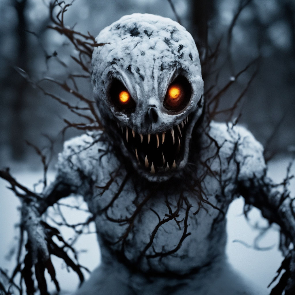 "Anthropomorphic realistic horror snowman hands of crooked branches ...