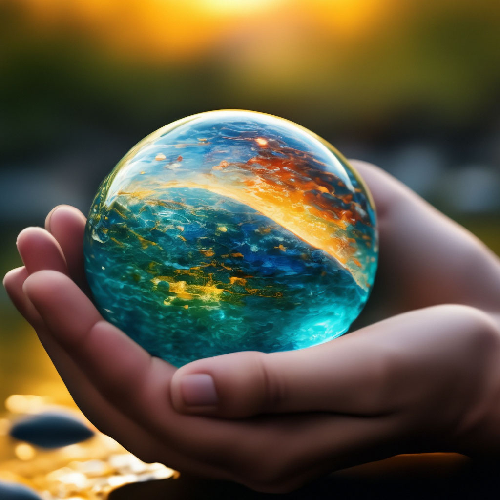 "Mosaic of sea glass, various planets float in the river, sphere hovers ...