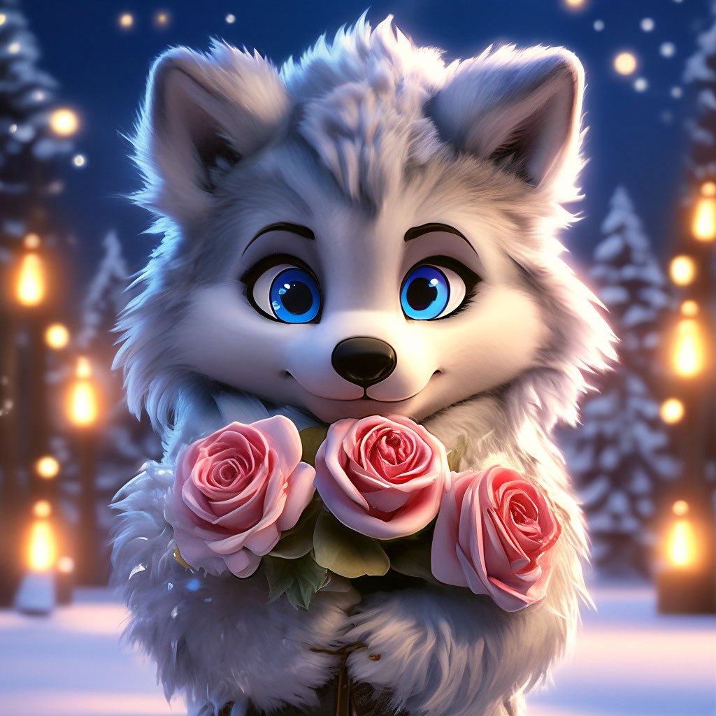 "Friendly fluffy night wolf in a sparkling hoodie holds a bouquet of ...