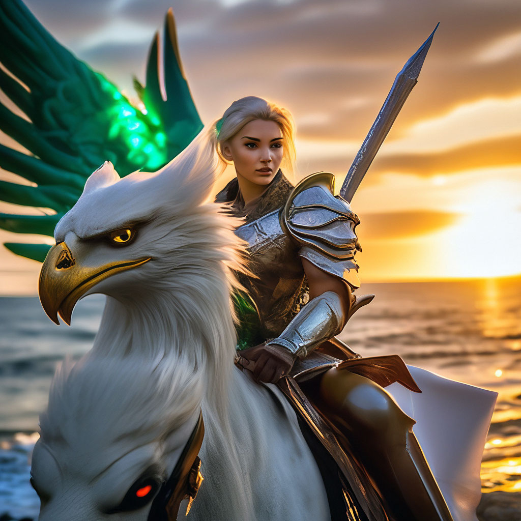 "Elf, ashen hair tied up in a bun, blue eyes, riding a smoky griffin ...