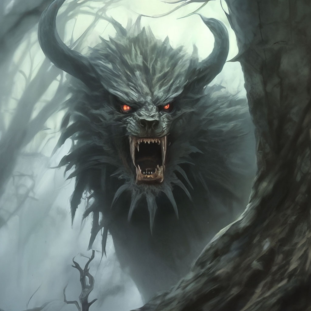 "A scary beast peeks out from behind a tree, creep, horror, high detail ...