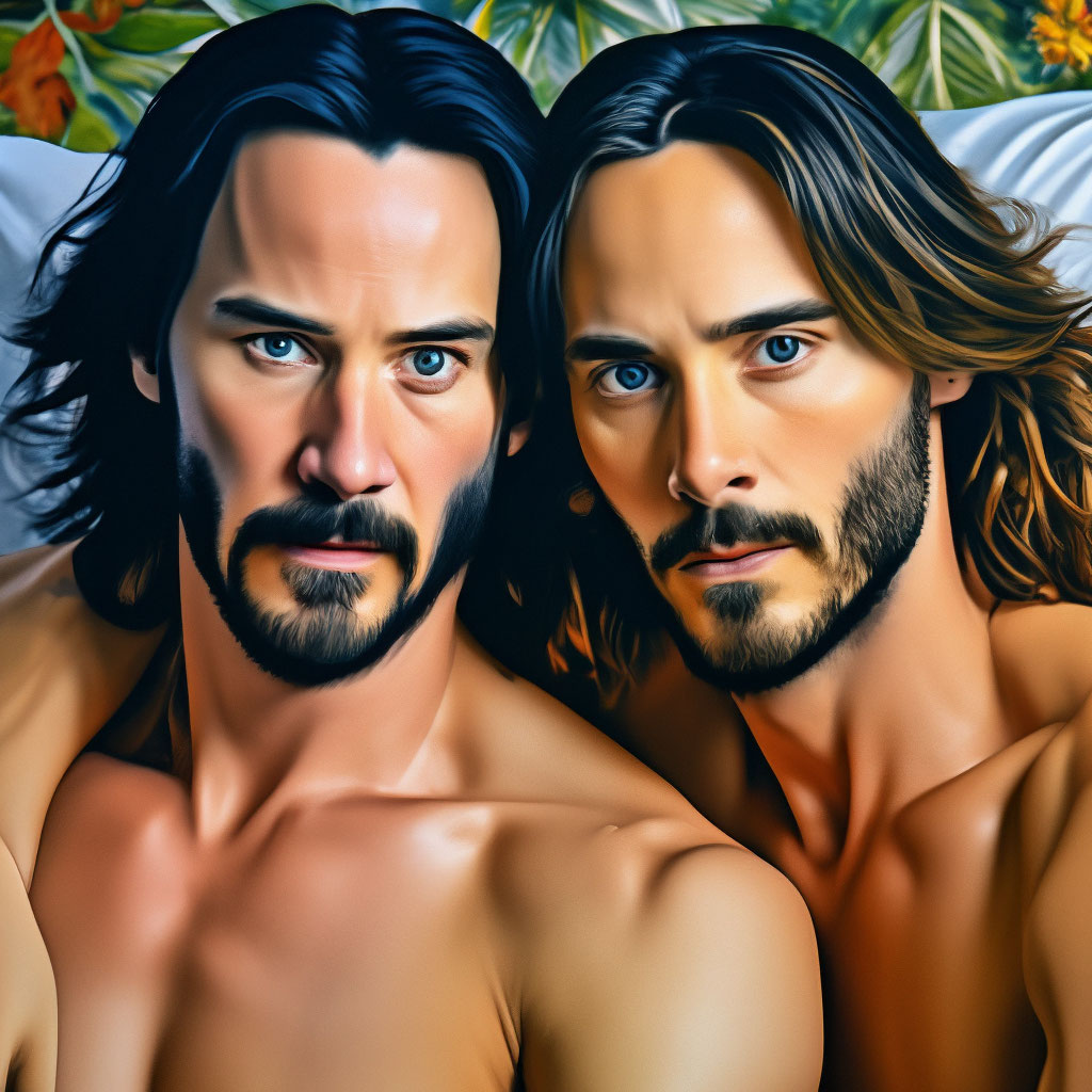 "Jared Leto and Keanu Reeves in bed, both in swimming trunks, muscular ...