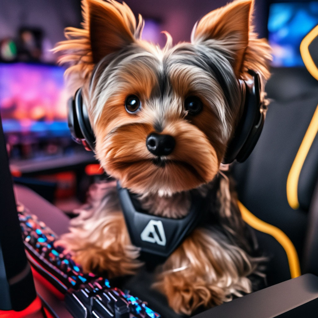 "Cute Yorkshire Terrier sitting at the computer on a gaming chair ...