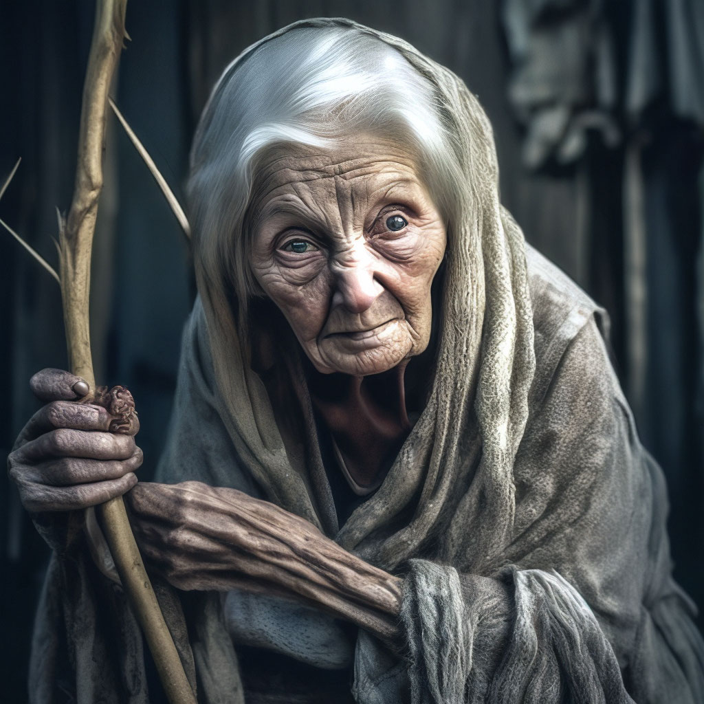 "An ugly, frail old woman, as dry as a reed and bizarrely twisted. The ...