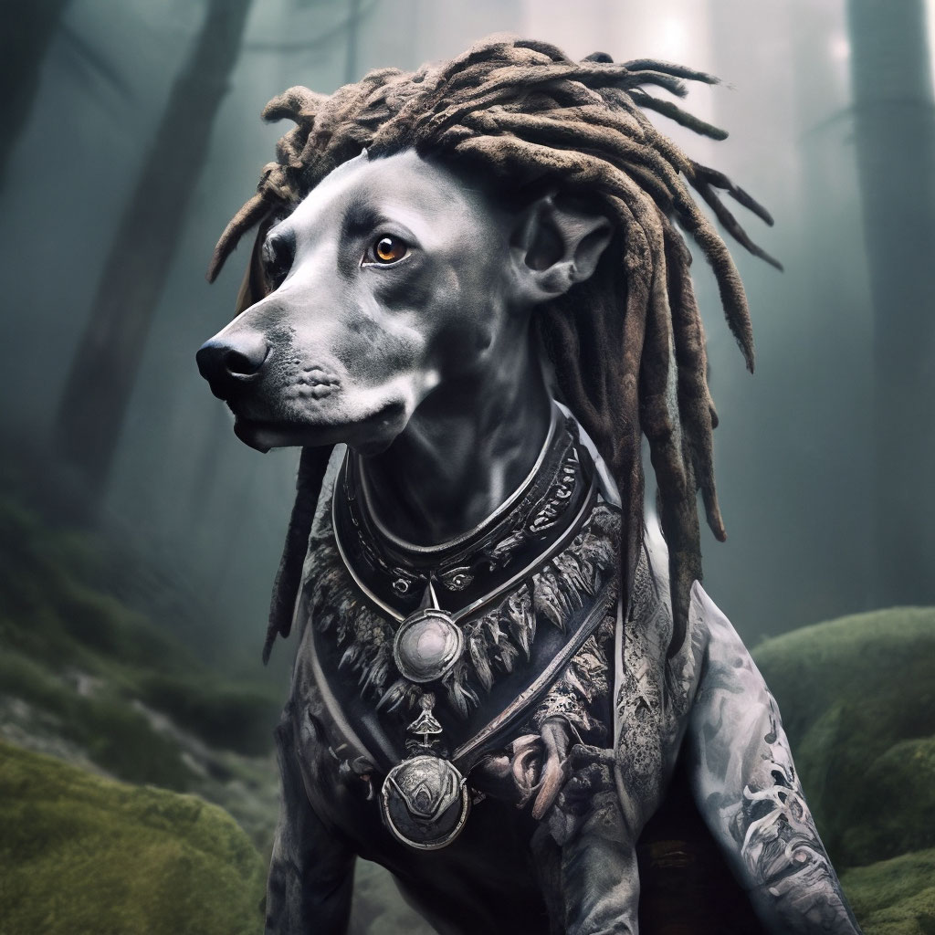 "A dog with dreadlocks is covered in tattoos" — image created in Shedevrum