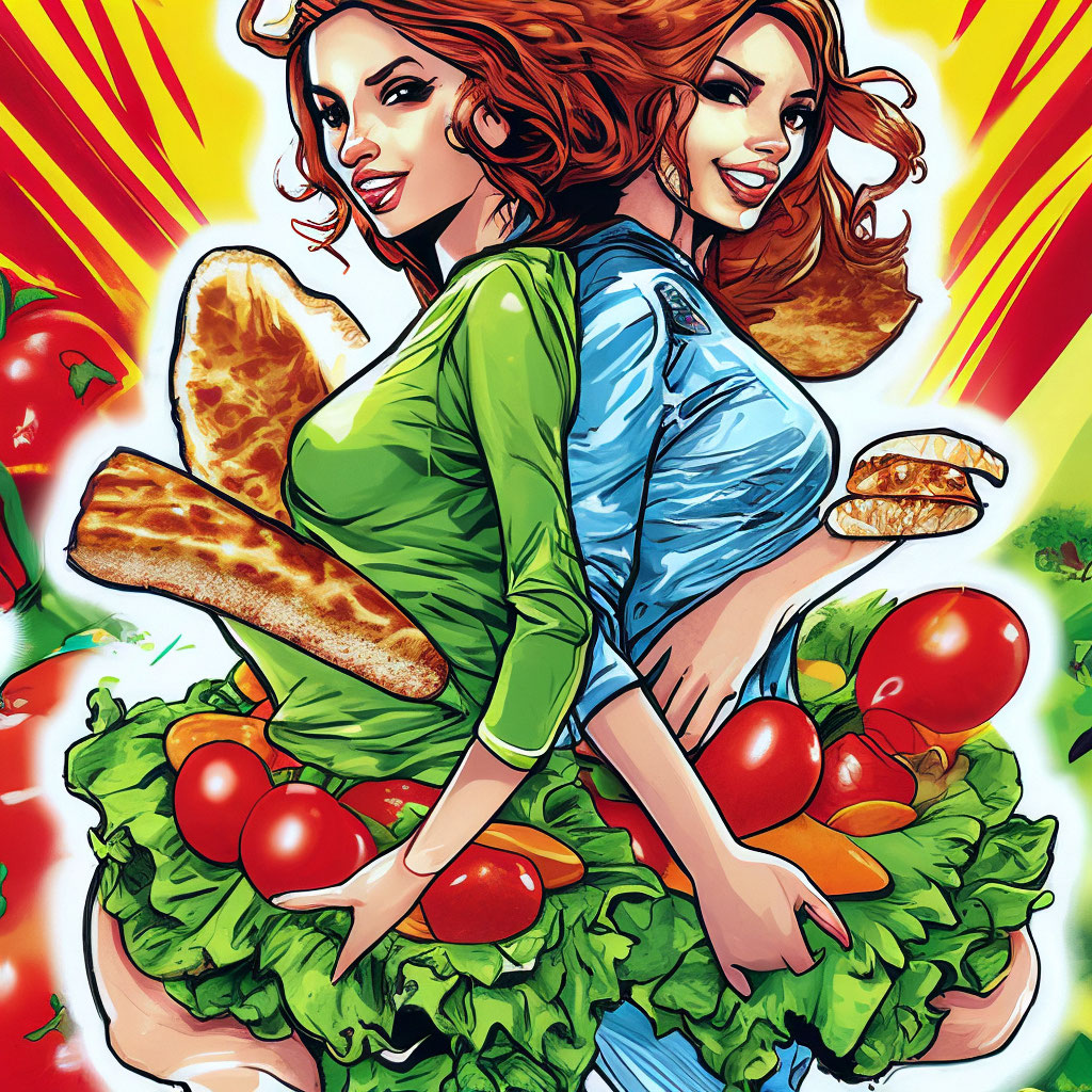 "Comic book style, cover for a fashion magazine, anthropomorphic twin ...