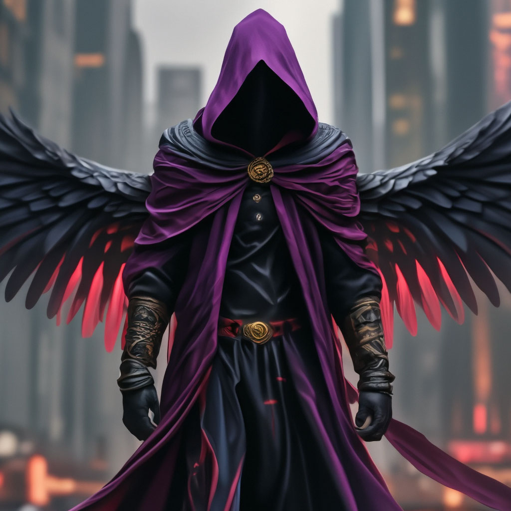"A man in purple robes with a golden mask and black and red wings ...
