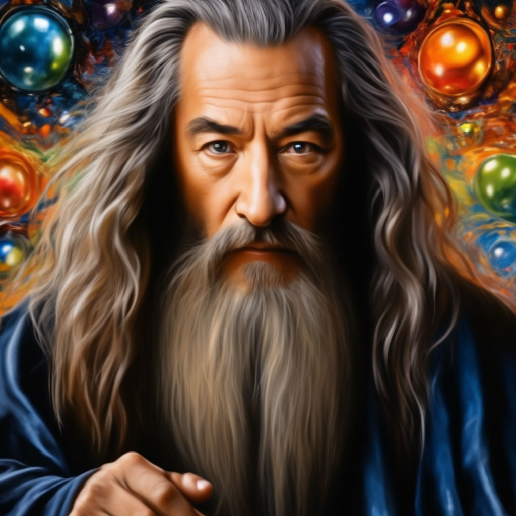 "Realistic portrait of the wizard Gandalf surrounded by levitating ...