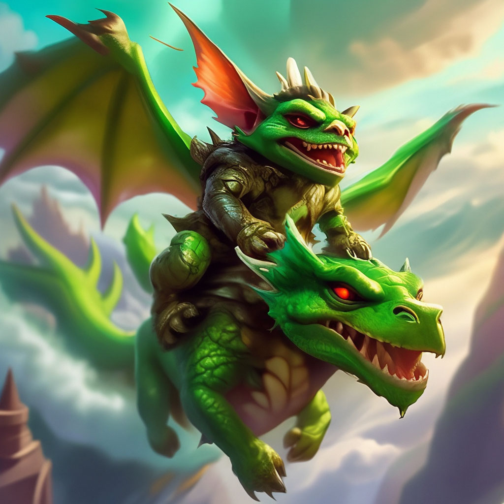 "The epic gremlin is flying on a green dragon" — image created in Shedevrum