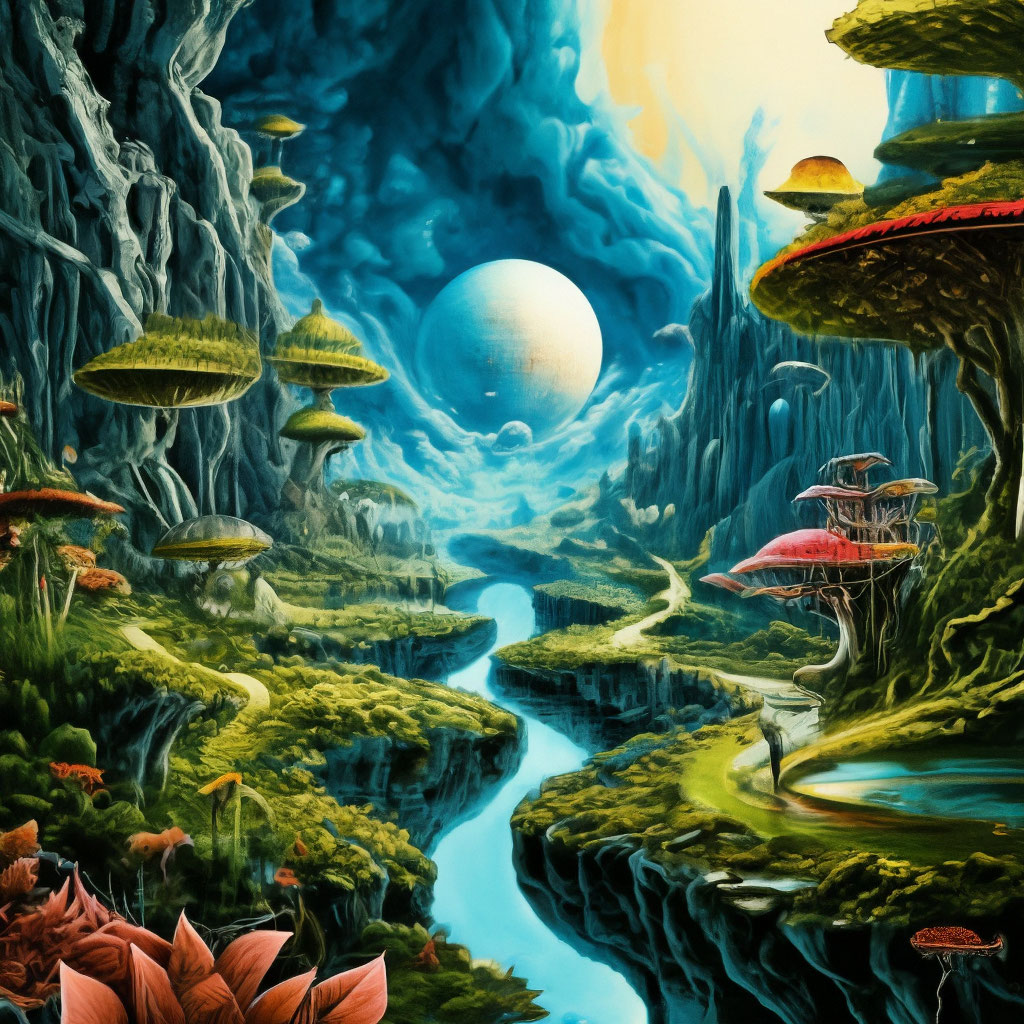 "Epic, fabulous,plant world, dwarf village, engraving, watercolor, ink ...