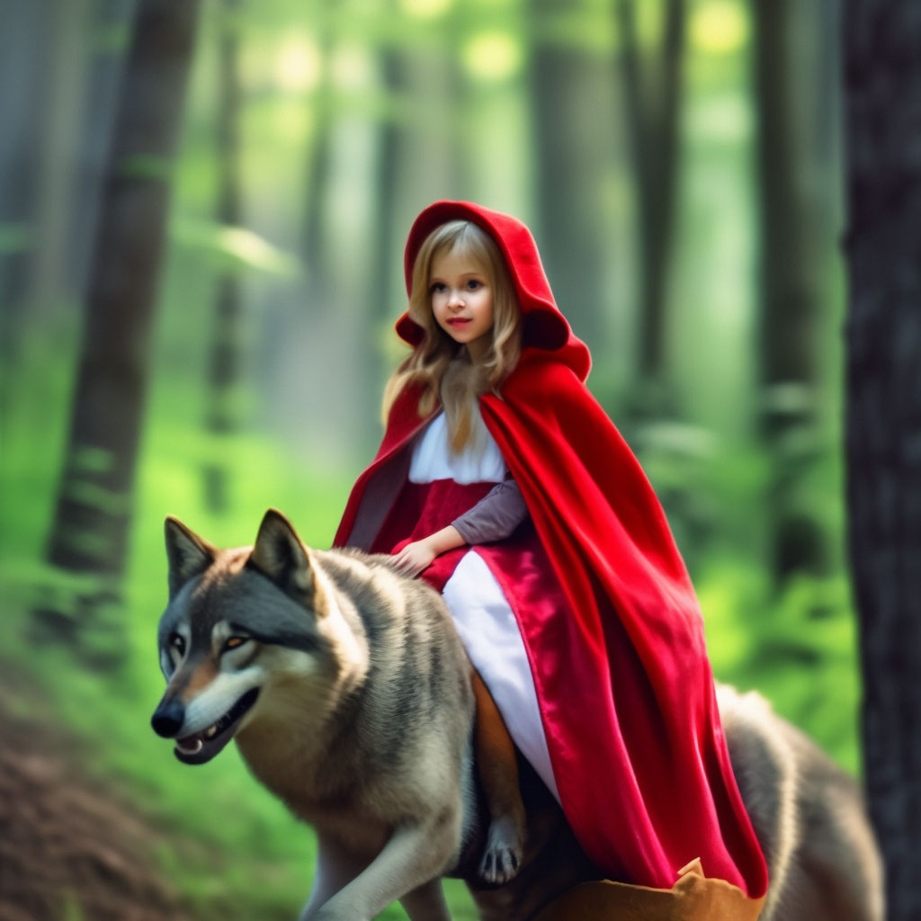 "Little red riding hood riding a wolf carries pies,forest with bright ...