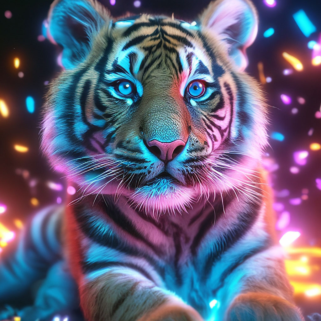 "Hyperrealistic beautiful dwarf tiger, neon explosion ...
