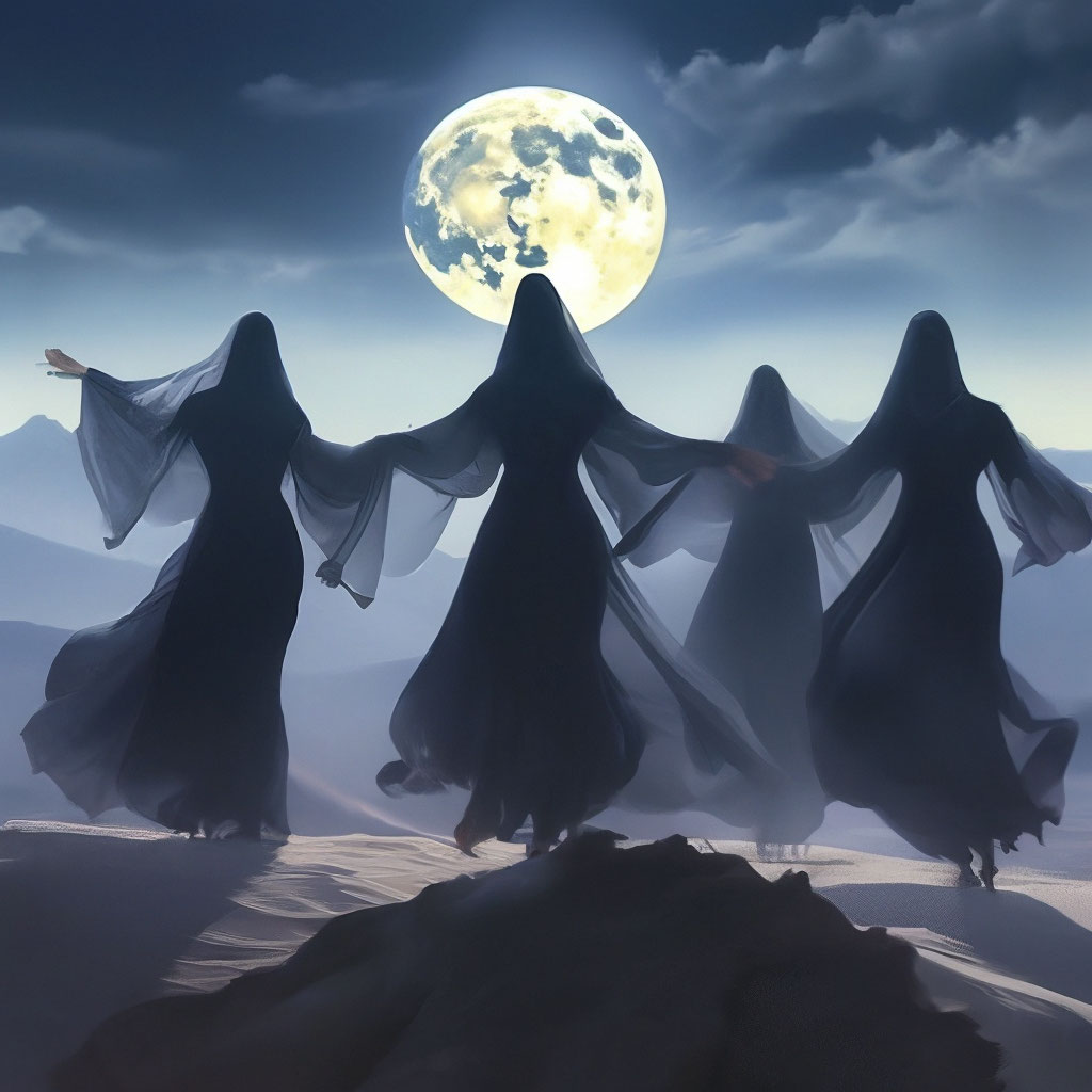 "Witches dance on bald mountain on a full moon in a transparent robe ...