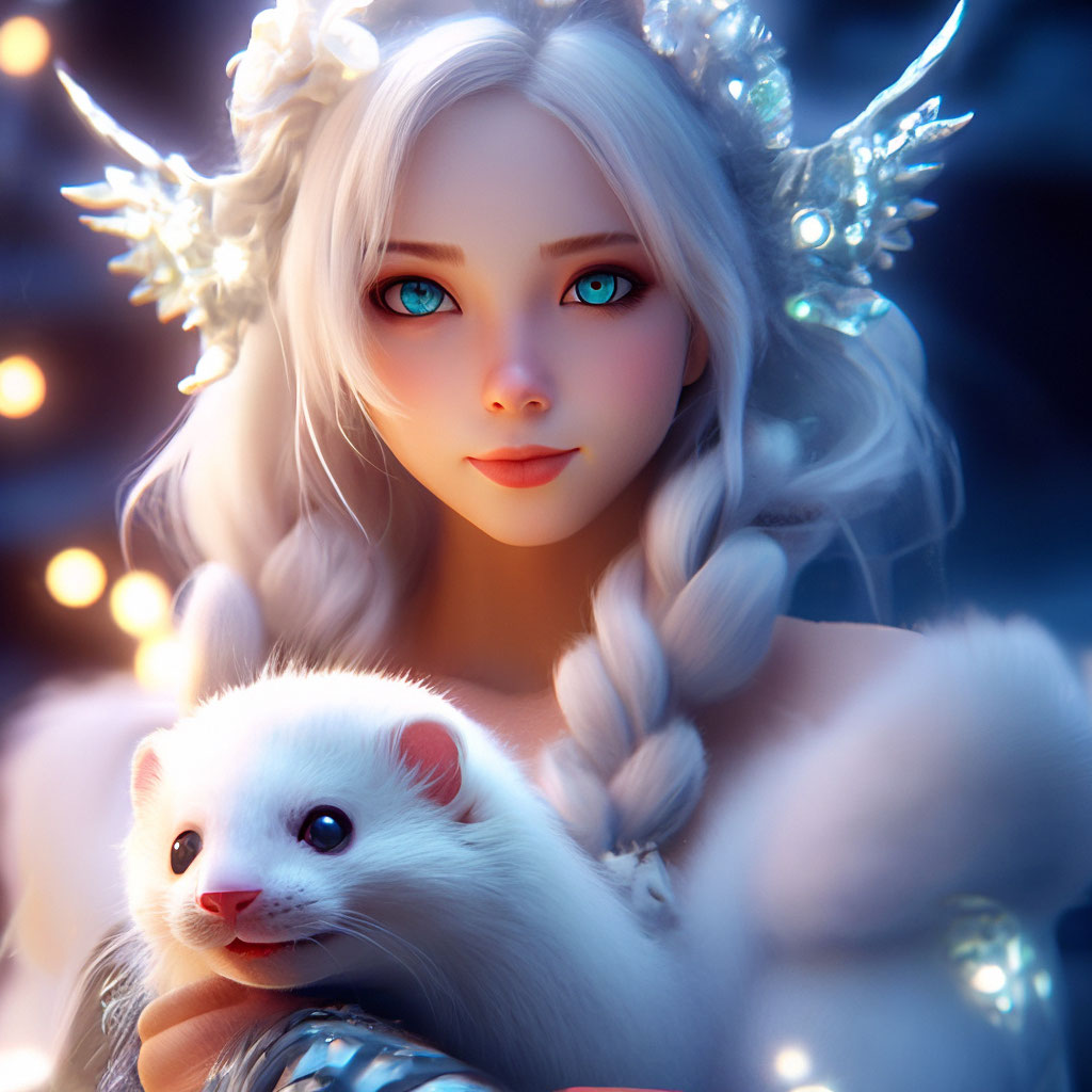 "Surrealism,cute anime girl with a fluffy ferret in her hands, fairy ...