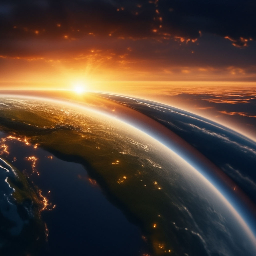 "The first rays of the rising sun on planet earth" — image created in ...