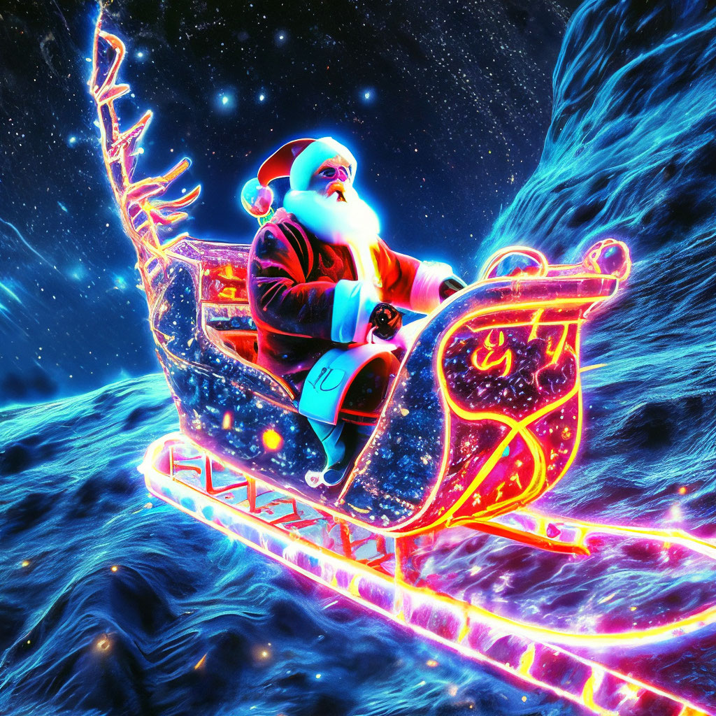 "Winter starry cosmic night, neon sleigh flying with brutal Santa Claus ...